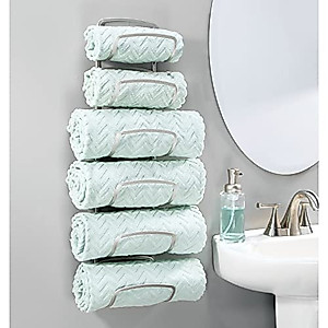 mDesign Steel Towel Holder for Bathroom Wall - Wall Mounted Organizer for Rolled Towels and Bath Robes - Six Level Wall Mount Towel Storage Rack - Bathroom Towel Organizer - Hyde Collection - Satin