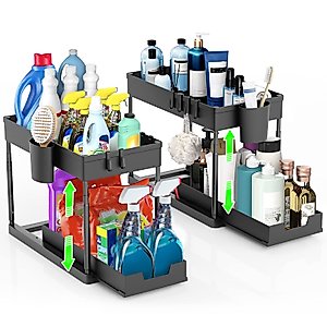 YUANZSMCX home Organization and storage, 2 Pack Adjustable Height with 2 Hanging Cup and 8 Hook 2 Tier under the sink counter storage for kitchen sliding cabinet basket organizer bathroom, Black