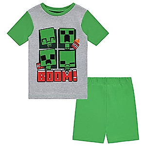 Minecraft Mojang Boys Pajamas Set - 4 Piece Short Sleeve Pajamas Set Creeper Pajamas (Navy Green, 8)