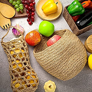 4 Pcs Jute Hanging Fruit Baskets for Kitchen Boho Hanging Wall Basket Handwoven Potato Garlic Onion Pantry Storage Baskets for Kitchen Wall Home Restaurant Vegetable Holder (Khaki, Classic Style)