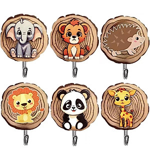 Vamotto Wooden Animal Wall Hooks, 6-Pack Self Adhesive Coat Hooks Hanging Wall Mounted Hooks for Coats, Towels, Hats,Backpack, Robe, Purse,Decorative Farmhouse