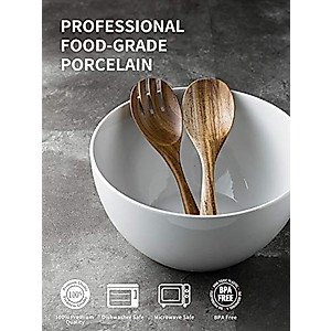 LAUCHUH 5 Quarts Porcelain Serving Bowl for Salad 10.7" Extra Large Serving Deep Bowl with Salad Spoon Set, 3 Pcs