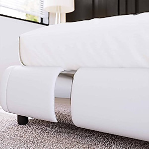 Keyluv Modern Faux Leather Upholstered Platform Bed Frame with Metal Decoration Headboard, Curved Headboard, Wooden Slats Support, No Box Spring Needed, Full Size, White