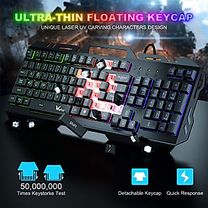 Gaming Keyboard, WisFox Colorful Rainbow LED Backlit Wired Computer Gaming Keyboard with 104 Keys, USB Wired Keyboard and Spill-Resistant for Windows PC Gamers Desktop PS4 (Renewed)