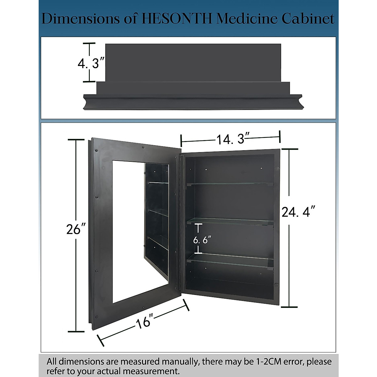 HESONTH 16"x26" Medicine Cabinet with Mirror Retro Bathroom Medicine Cabinet Organizer with Shelves Farmhouse Wall Mounted Hanging Rectangular Bathroom Mirror Cabinet Recess or Surface Mount