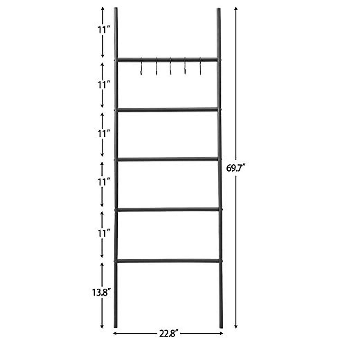 HOOBRO Towel Rack, Blanket Ladder, 5-Tier Ladder Shelf, Decorative Wall Leaning Ladder Rack, 22.8" Wide Holder, 5 Hooks, Blanket Holder, Display Rack for Bathroom, Black BK62CJ01G1