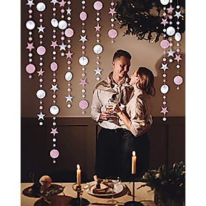 Glitter Star Circle Dot Garland, Twinkle Little Star Party Decoration Hanging Streamer Backdrop Banner, for Wedding Baby Shower Christmas Birthday Party Decor Supplies, 3 String Totle 39 Feet (Pink)