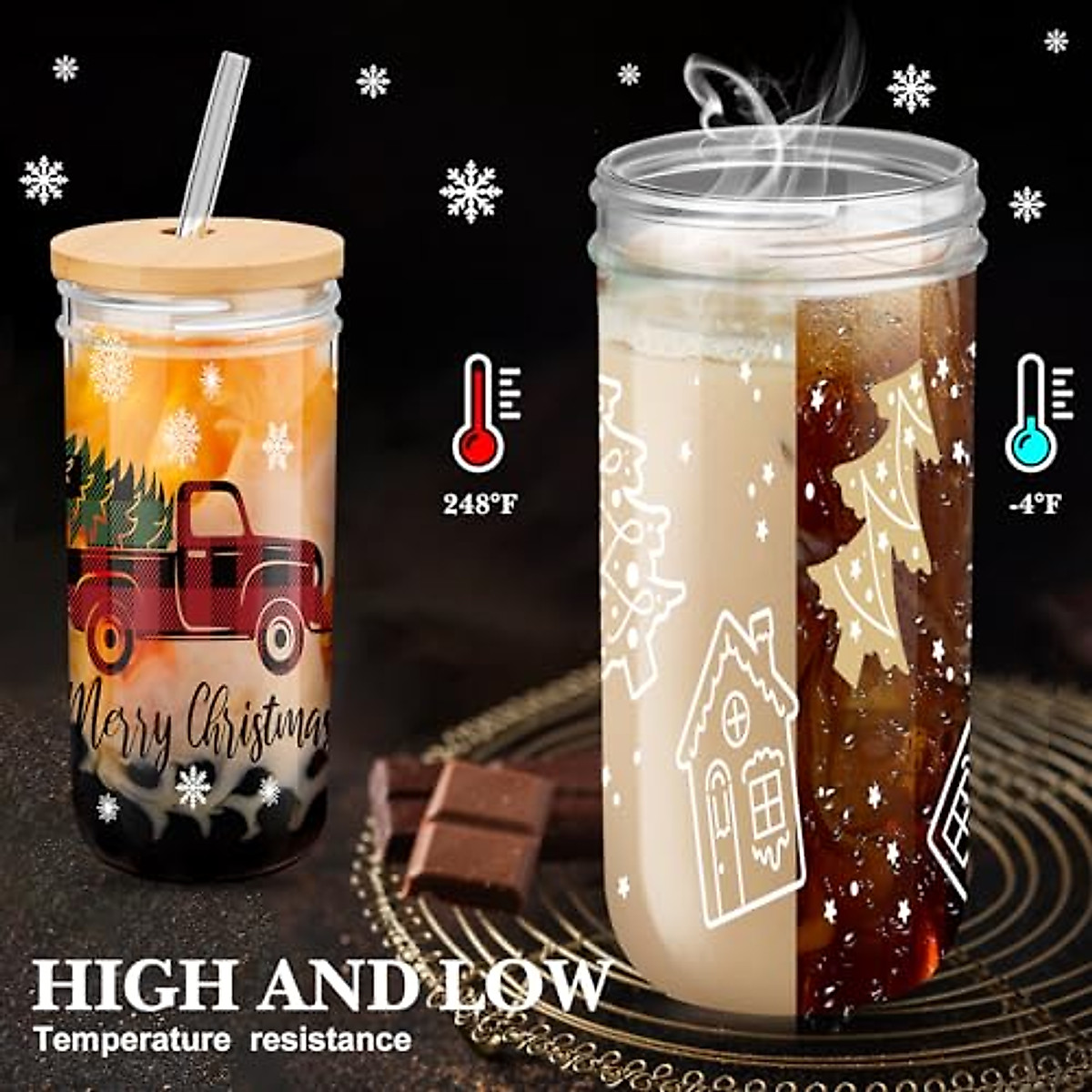 Tioncy 8 Sets Christmas Cups 24 oz Christmas Mason Jars with Lid and Straw Christmas Tumbler Drinking Glasses Coffee Cups Glassware Water Bottles Xmas Gift for Women Kids Men(Stylish)