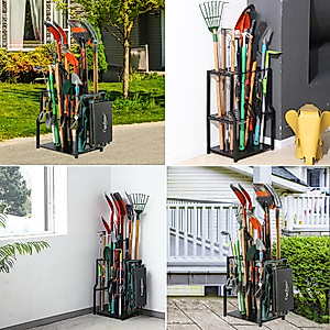 YueTong Garden Tool Organizer Heavy Duty,Yard Tool Tower Rack,Garage Storage Organization for Long Handle Tools,Rake,Brooms,Extra Hooks for Small Shovel,Shear.All Metal,Free Standing.