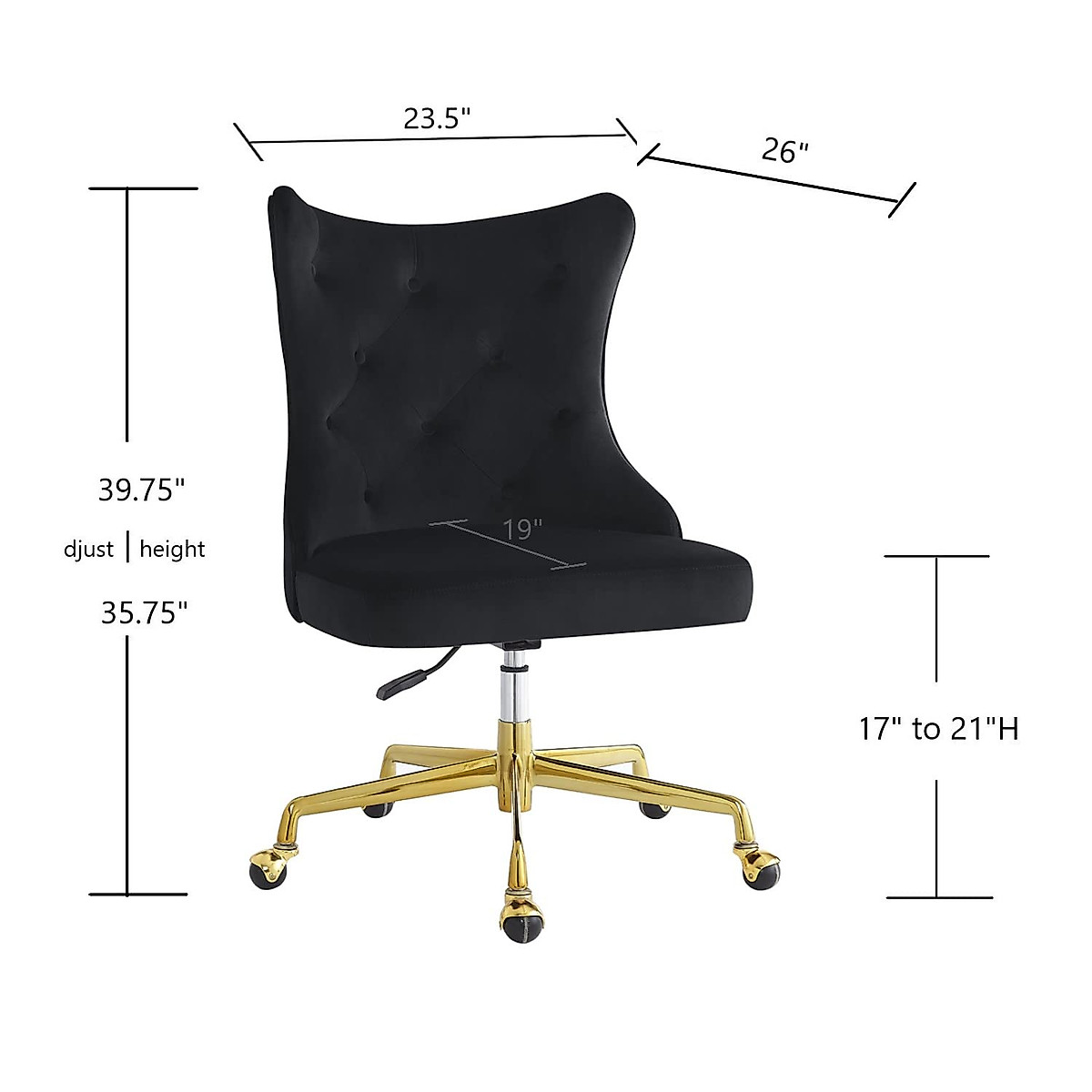 24KF Upholstered Tufted Button Velvet Office Chair with Golden Metal Base,Adjustable Height Swivel Office Chair -Black