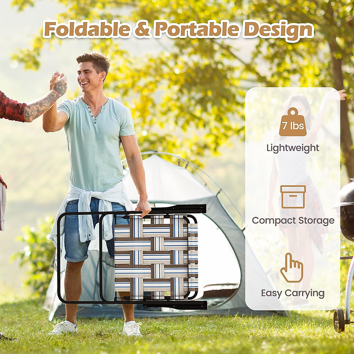 GYMAX Folding Chair, Patio Lawn Chair Set with Armrest, Indoor/Outdoor 2 Pack Webbed Lightweight Dinning Chair, Portable Beach Chair for Outside, Poolside, Backyard (Coffee, 2)