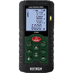 Extech DT60M Laser Distance Meter, Measurements up to 196 feet, Backlit LCD Display, Integrated Pythagorean Theorem, 20 Point Memory, Stakeout Function, Handy Built-in Bubble Level
