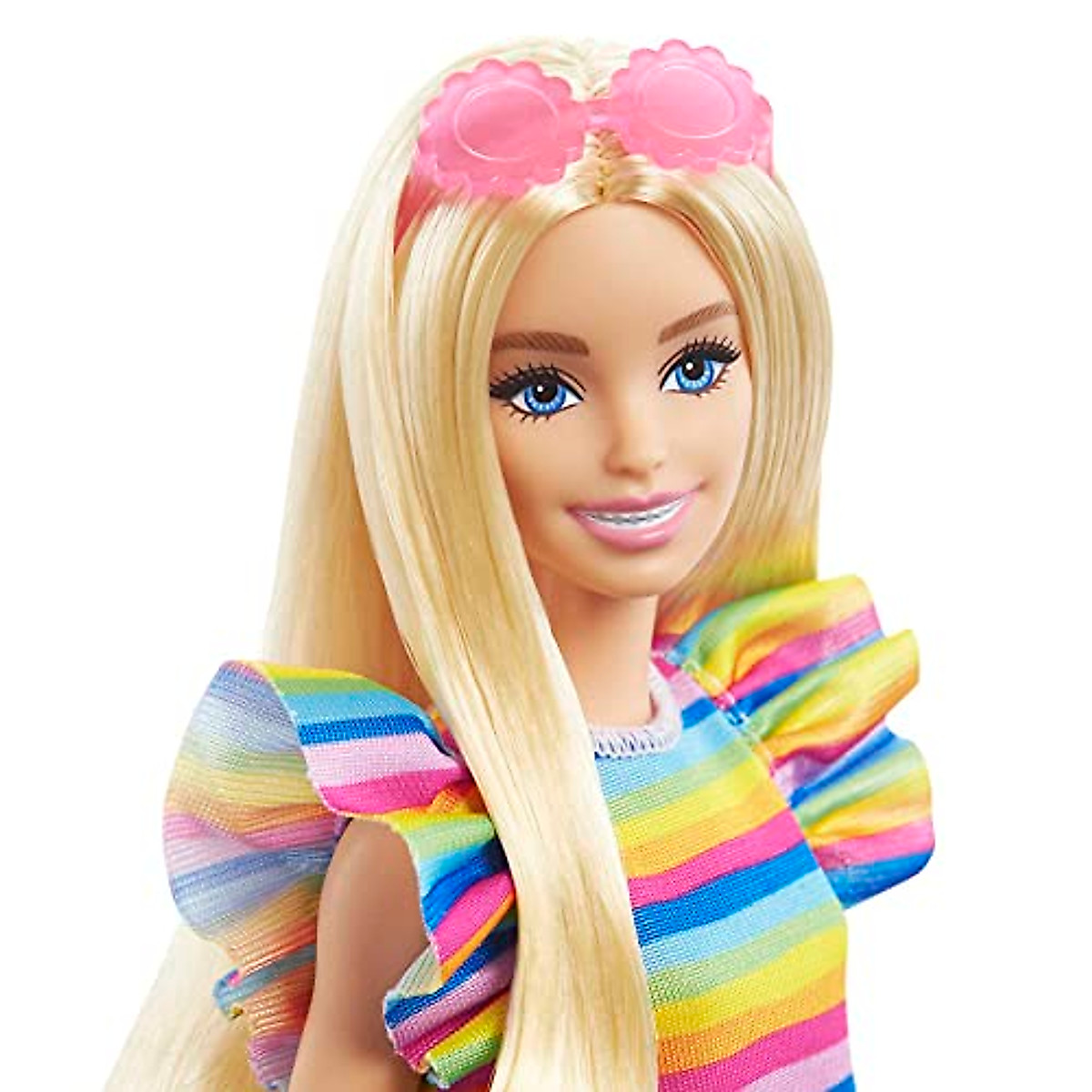 Barbie Doll, Kids Toys and Gifts, Blonde with Braces and Rainbow Dress, Fashionistas, Clothes and Accessories