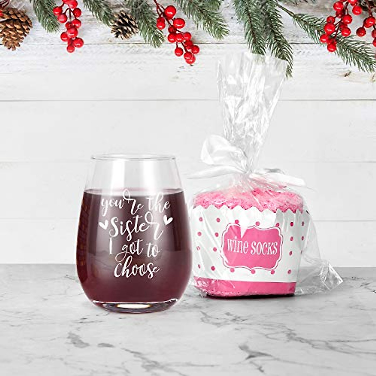 You're the Sister I Got to Choose Stemless Wine Glass 15Oz with Cupcake Wine Socks Set, Sister Wine Glass for Birthday Galentine's Day Mother's Day Christmas, Ideal for Women Friend Sister BBF