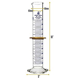 EISCO Graduated Cylinder, 1000mL - ASTM, Class A Tolerance ±3.00mL - Protective Collar, Hexagonal Base - Blue Graduations - Borosilicate 3.3 Glass