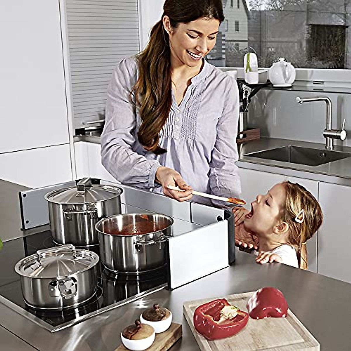 Qdos Safety Adhesive Aluminum Stove Guard - Complements Modern Kitchen Designs - Fits Cooktops & Most Freestanding Stoves - Protects from Front & Sides - Easy to Install - Quick Removal for Cleaning