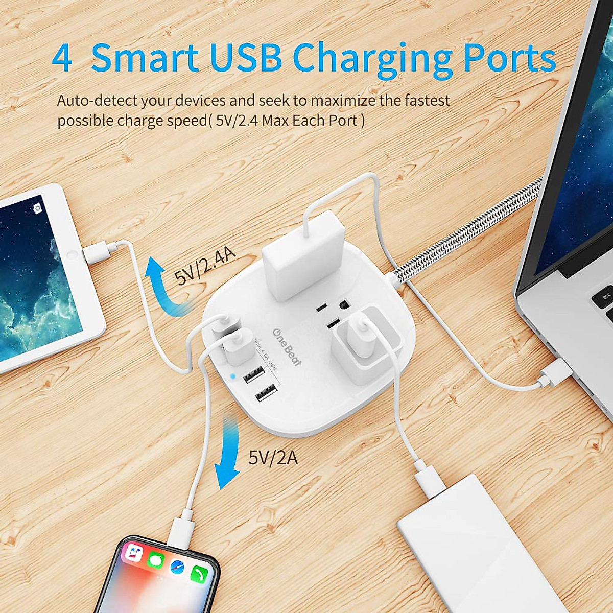 Cruise Power Strip 3 Outlets 4 USB Ports, Flat Plug, 5 Ft Extension Cord Non Surge Portector
