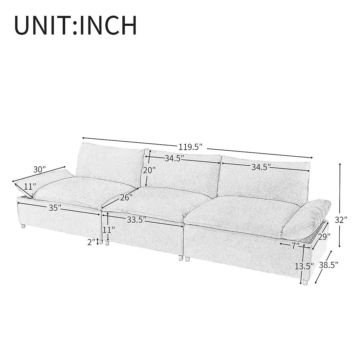 Merax 119.5" Upholstered 3 Seater Sofa, Comfy Cloud Couch with 2 Storage Units, Modern Deep Seat for Living Room Bedroom Apartment, Gray