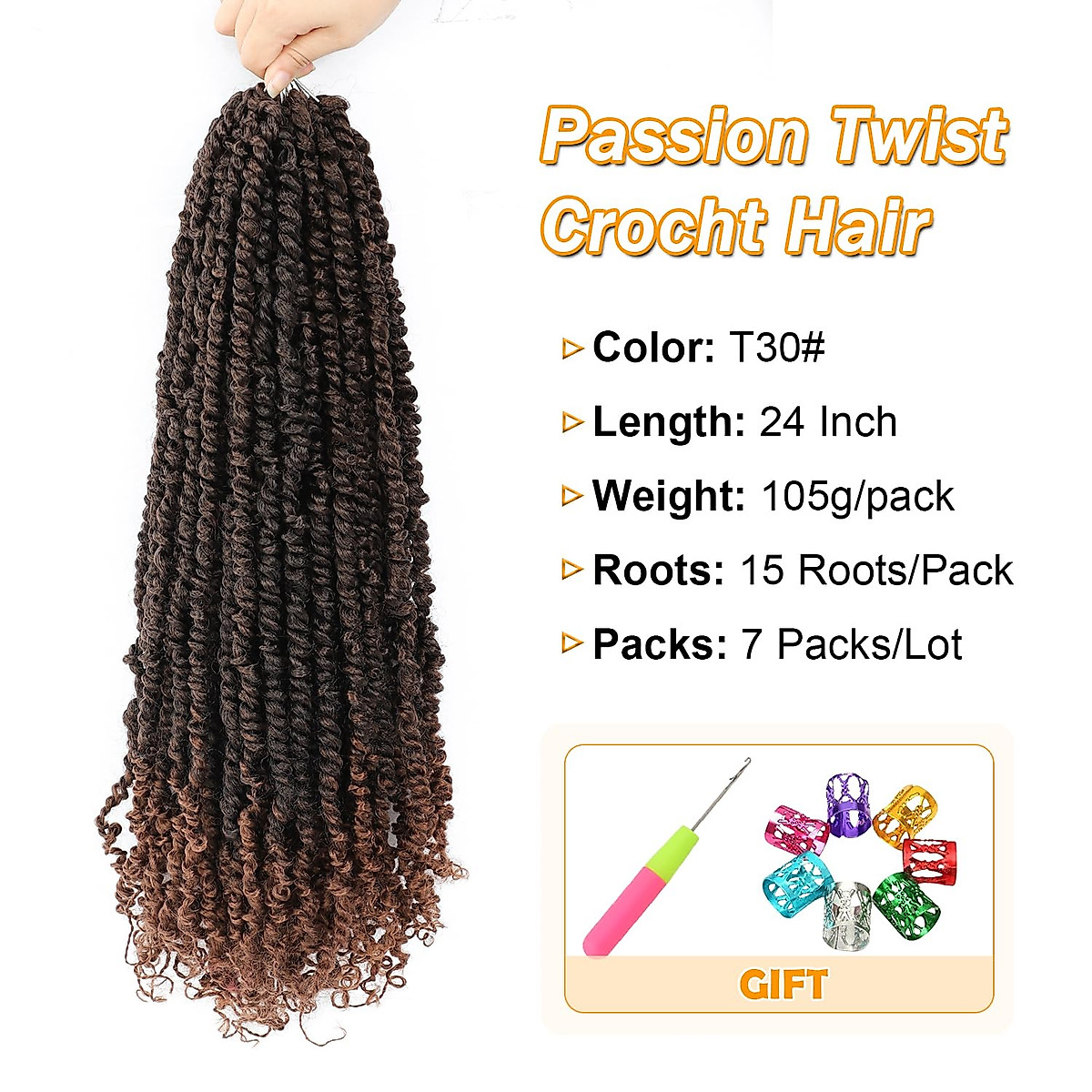 Karida Passion Twist Hair 24 inch, 7 Packs Passion Twist Crochet Hair Pre Looped, Pre Twisted Passion Twist Curly Crochet Hair For Black Women (24 Inch (Pack of 7), T30#)