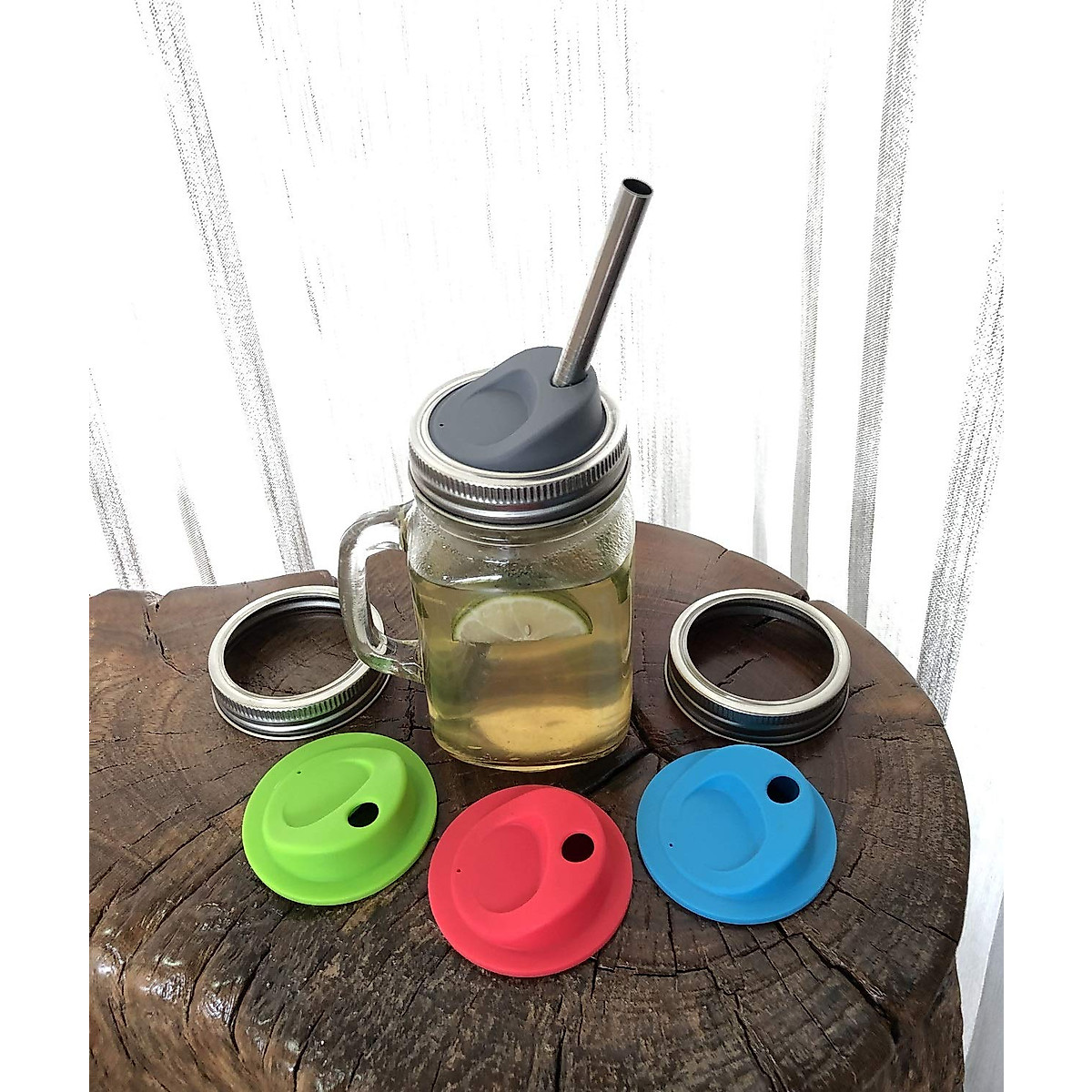 THINKCHANCES Reusable Food Grade and BPA Free Silicone Round Sip Coffee Juice Drinking Straw Lid Set with Stainless Steel Rings for Mason, Ball, Canning Jars, Pack of 4 Sets (Wide Mouth,Round Hole)