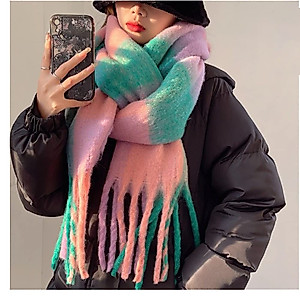 OUNIYA Big Chunky Plaid Scarf Colorful Checked Oversized Thick Scarves Soft Large Cashmere Wool Shawl Winter Warm Blanket Women (pink green grid)