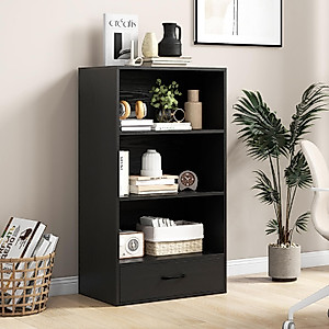 LOKO 4-Tier Bookcase with Storage Drawer, Modern Organizer Display Storage Shelves with Anti-toppling Device, Freestanding Bookshelf with 3 Open Shelves & 1 Drawer, Living Room, Study, Office (Black)