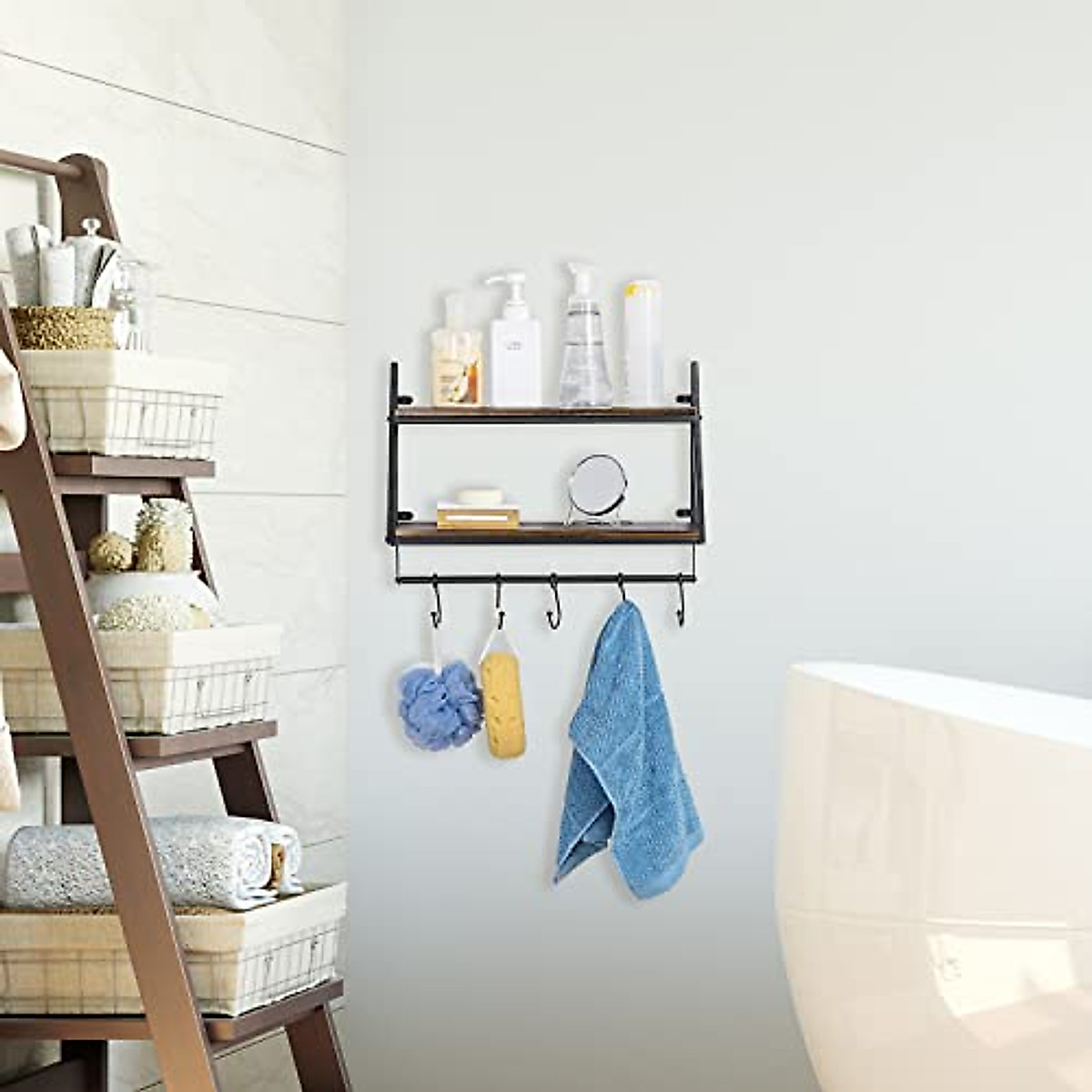 MyGift 2 Tier Wall Mounted Solid Brown Wood Floating Shelf with Metal Frame and 5 Sliding Hooks, Industrial Rustic Bathroom and Kitchen Display Storage Rack