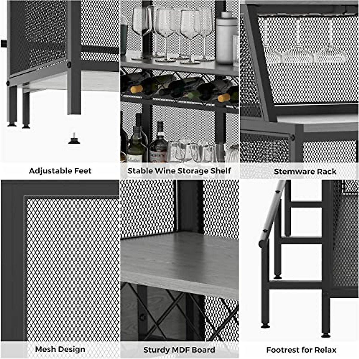 KFO Home Bar Unit, 4 Tier Bar Cabinet with Footrest, Industrial Metal Liquor Cabinet with Wine Rack Storage Shelf, Buffet Cabinet for Home Kitchen Pub (Black)