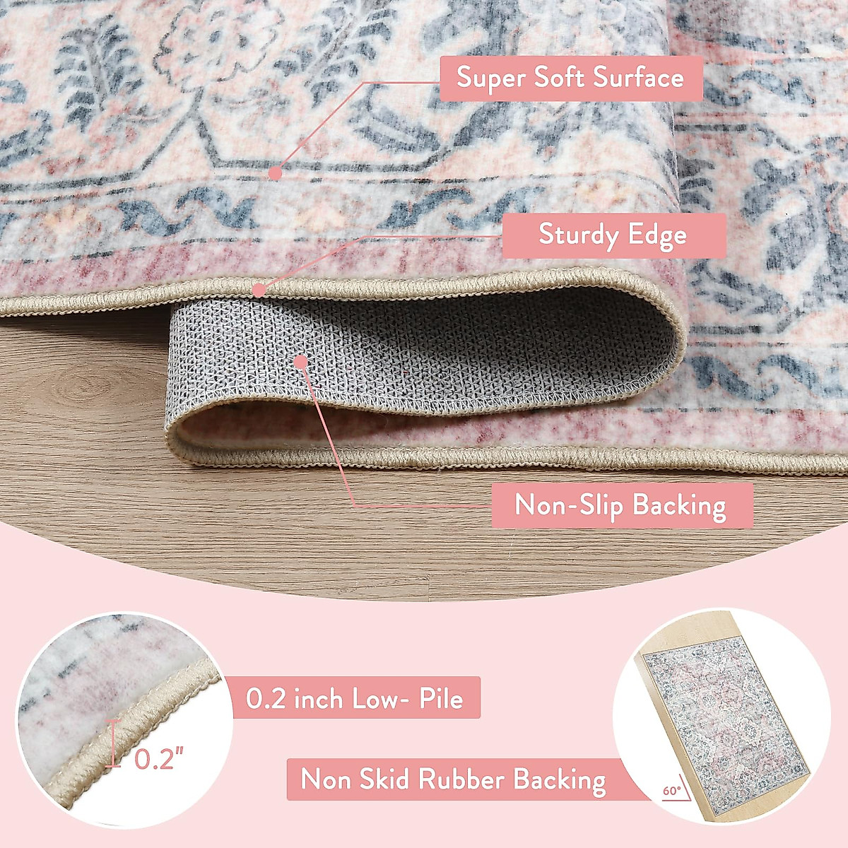 LIVEBOX Washable Rugs 8x10 for Girls Bedroom, Light Pink Area Rugs for Girls Room, Soft Non-Shedding Boho Living Room Rugs, Low-Pile Floral Rug Faux Wool Bedroom Rug 8x10 Under Bed, Blush/Blue