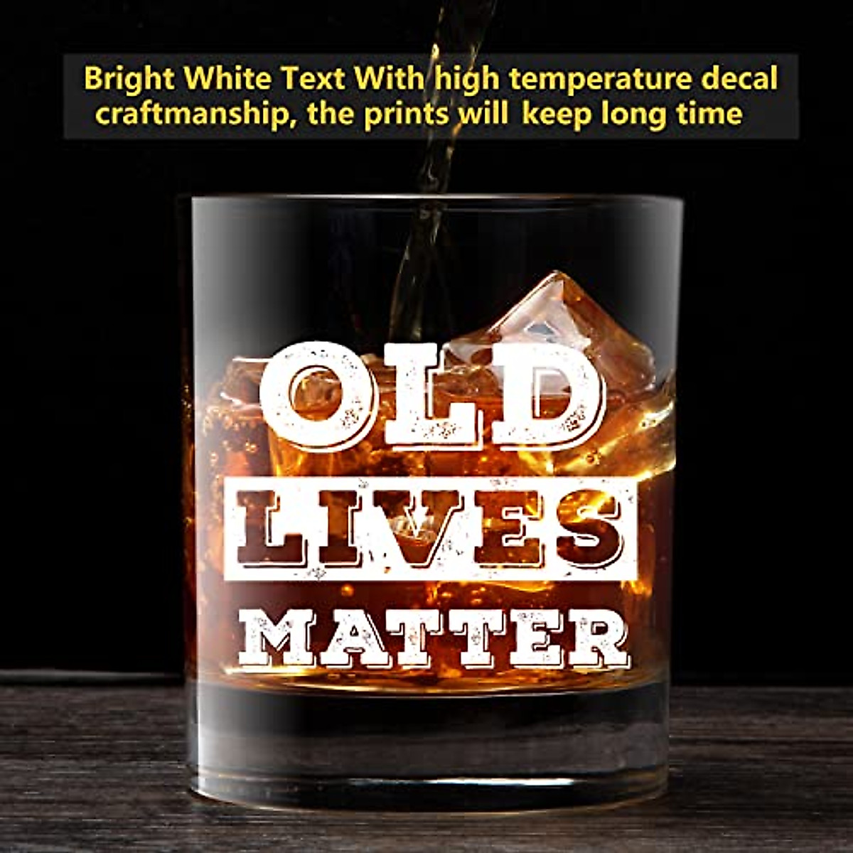 LIGHTEN LIFE Old Lives Matter Whiskey Glass 12 oz,Rock Glass in Valued Wooden Box,Funny Birthday or Retirement Gift for Grandpa,Dad ,Old Man,Old Fashioned Whiskey Glass