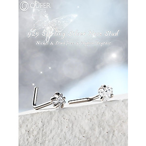 OUFER 925 Sterling Silver Nose Studs, L Shaped Nose Rings Studs, 20G Nostril Solid 3mm Star CZ Nose Piercing Jewelry, Nose Studs For Women Men (L - 3mm Star)