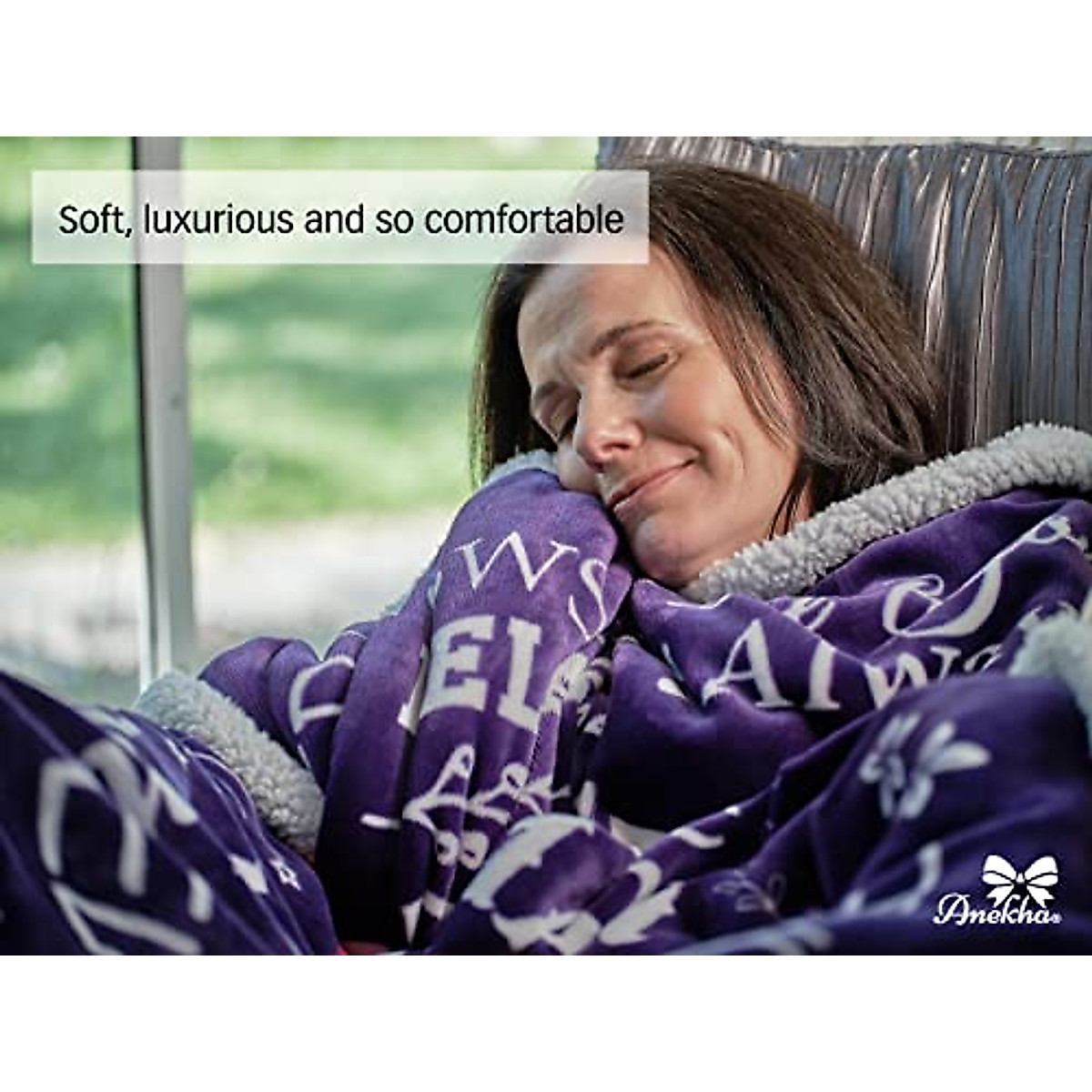Anekha Mom Blanket – Double Layer Sherpa Fleece – Soft Fluffy Throw, Quality Print – 'Thank You Mom, I Love You' – from Daughter, Son – Gift Birthday, Mother's Day, Christmas, etc. (Twilight Purple)