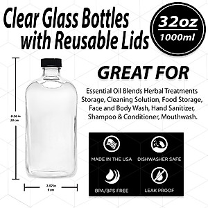 (2 Pack) - 32 oz Clear Glass Boston Round Bottles with Black 33-400 Airtight Phenolic Polycone Caps - Perfect Glass Containers for Secondary Fermentation, Storing condiment, Homemade Essential Oils