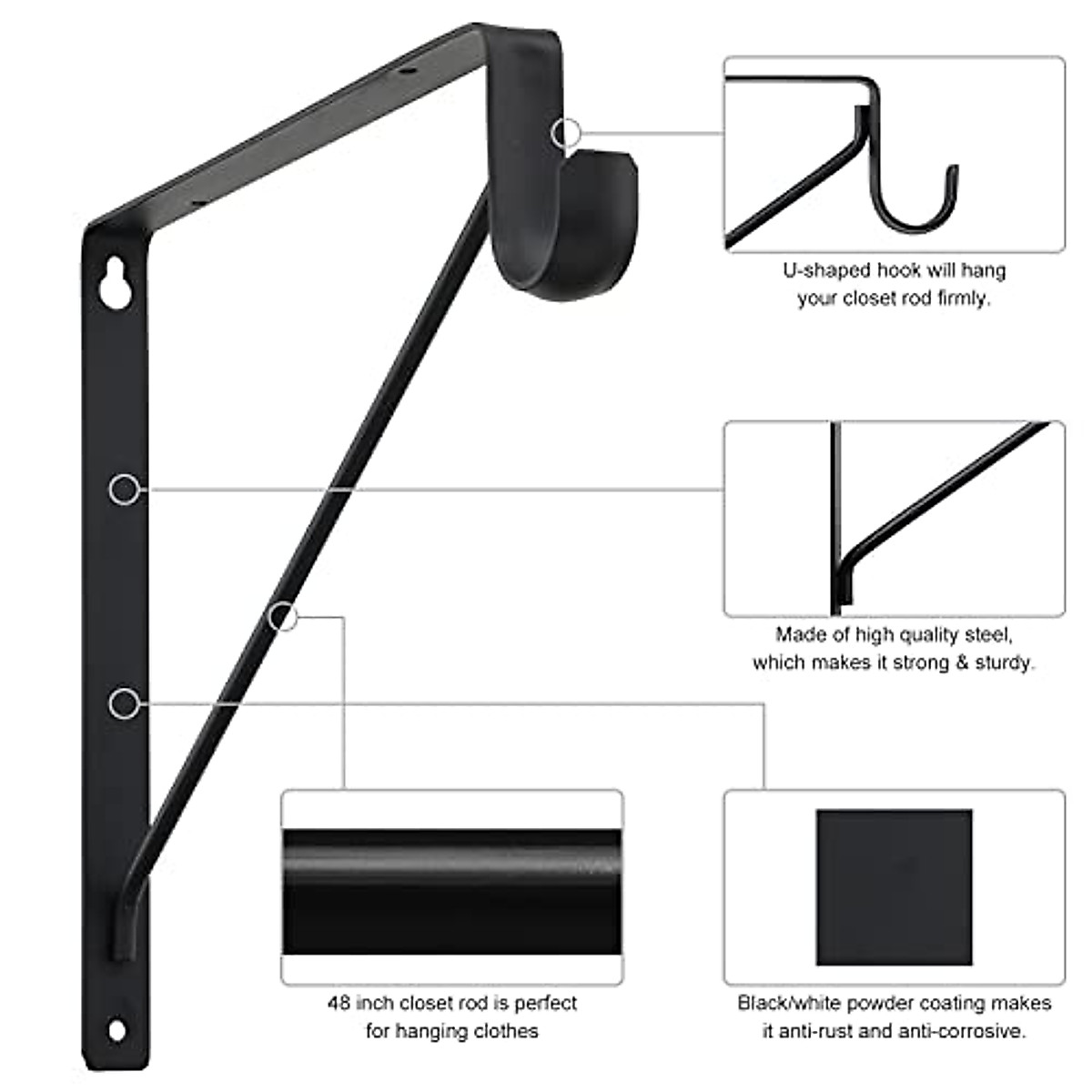 Closet Rod Brackets Heavy Duty with 46” Rod, Closet Shelf Brackets with Rod Holder, Closet Brackets for Both Shelf Storage and Closet Rod, Black Closet Shelf Support Pole Holder, 3 Pack