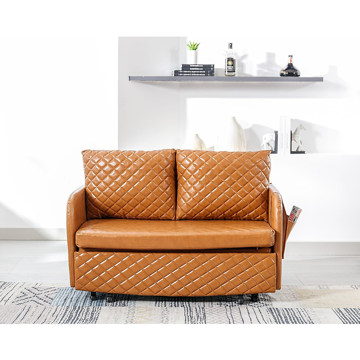 KINFFICT PU Leather Pull Out Sofa Bed, Convertible Small Loveseat Sleeper with Storage Drawer and 2 Pillows, 2 in 1 Futon Couch with Removable Pocket, Modern Love Seat for Living Room, Light Brown