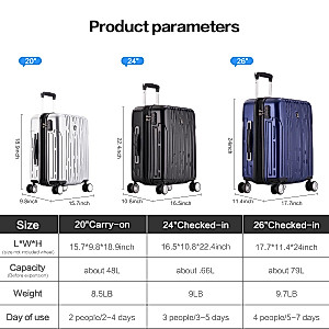 OIWAS Carry on Luggage with TSA Lock, Space Widening Horizontally Travel Suitcase, 8 Spinner Wheels Carry on Suitcase for Outdoor Travel Business Weekender(black, 2-Piece Set(20/26))