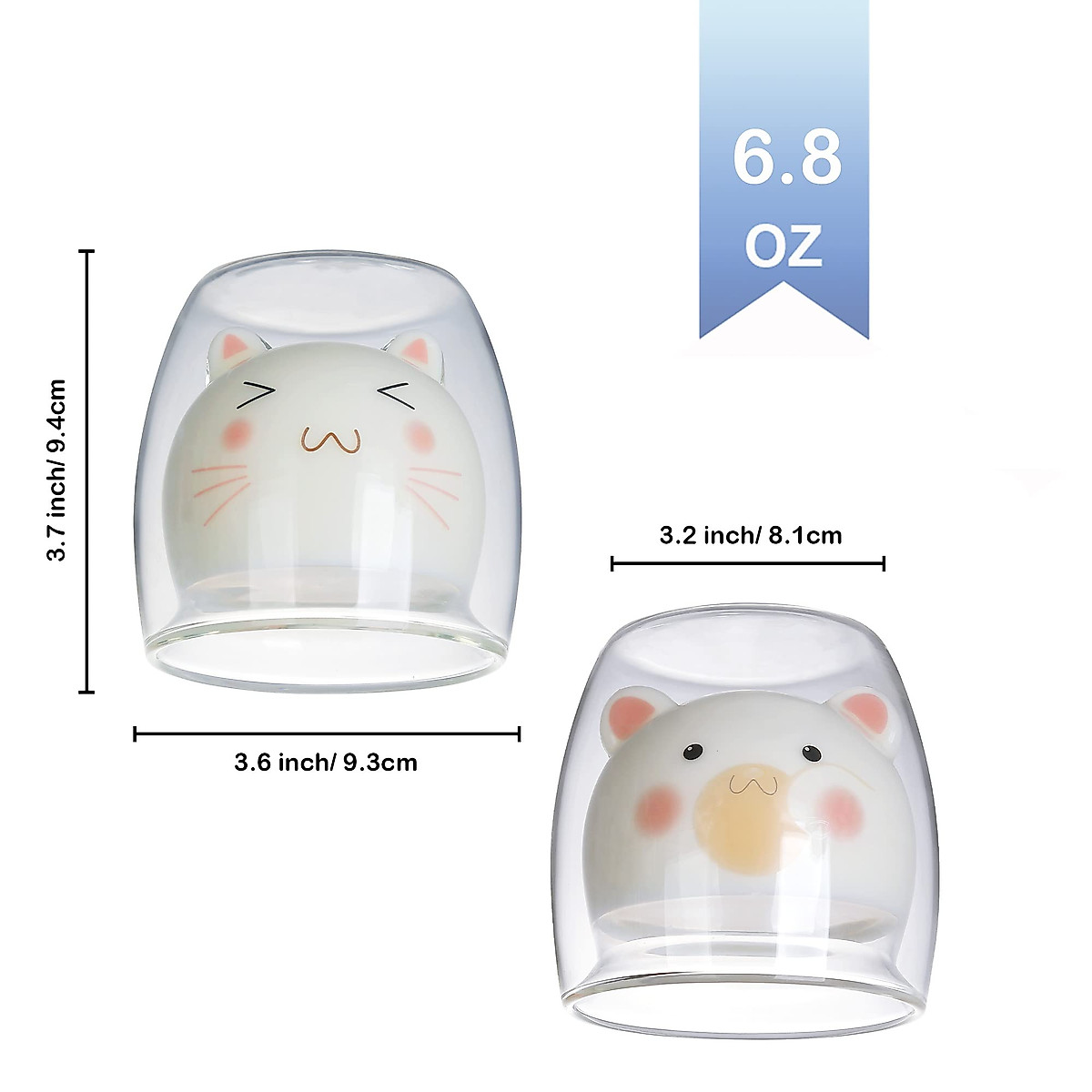 FUTGLOBAL 2 Pack Cute Mugs Glass Double Wall Insulated Glass Set (Bear and Kitten), Muulaii Coffee Cup, Milk Cup, Tea Cup, Best Gift for Office, Birthday, Valentine's Day and Christmas