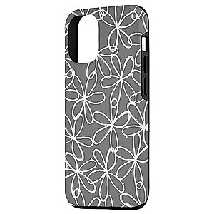 iPhone 13 Pro White Line Art Flowers Floral on A Dark Grey Case
