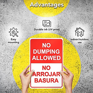 No Dumping Sign - 8x12 Aluminum No Arrojar Basura Sign - No Dumping Signs Private Property English and Spanish No littering Sign Outdoor