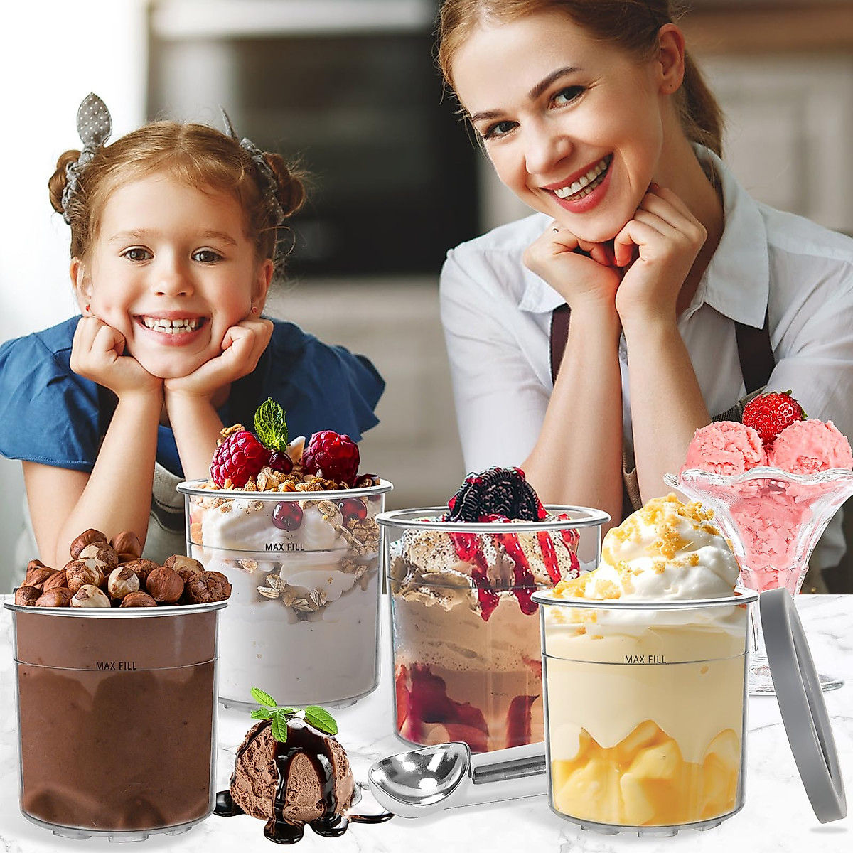 Ninja Creami Pints and Lids, 4 Pack Containers Replacement - 16 oz Cups Compatible with NC301 NC300 NC299AMZ NC290 Series Ice Cream Maker