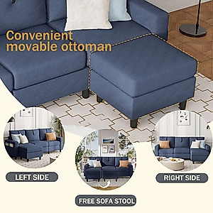 Tornama 80" L Shaped Sectional Sofas 3 Seater Couch with Reversible Ottoman Modern Linen Fabric Small Sectional Couch for Living Room, Apartment, Small Space, Blue