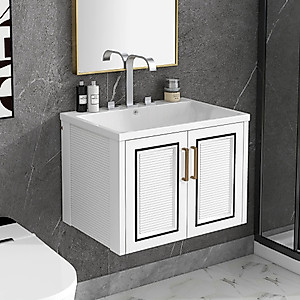 Polibi 24" Wall Mounted Bathroom Vanity with Ceramic Basin, Two Shutter Doors, Solid Wood & MDF Board, Modern Hanging Bath Cabinet