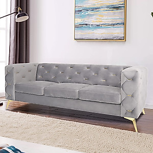 LEVNARY Modern Chesterfield Sofa, Velvet Button Tufted Upholstered 3 Seater Couch, 84 Inches Settee Sofa with High Arm and Golden Metal Legs, Couches for Living Room Bedroom Office (Gray)