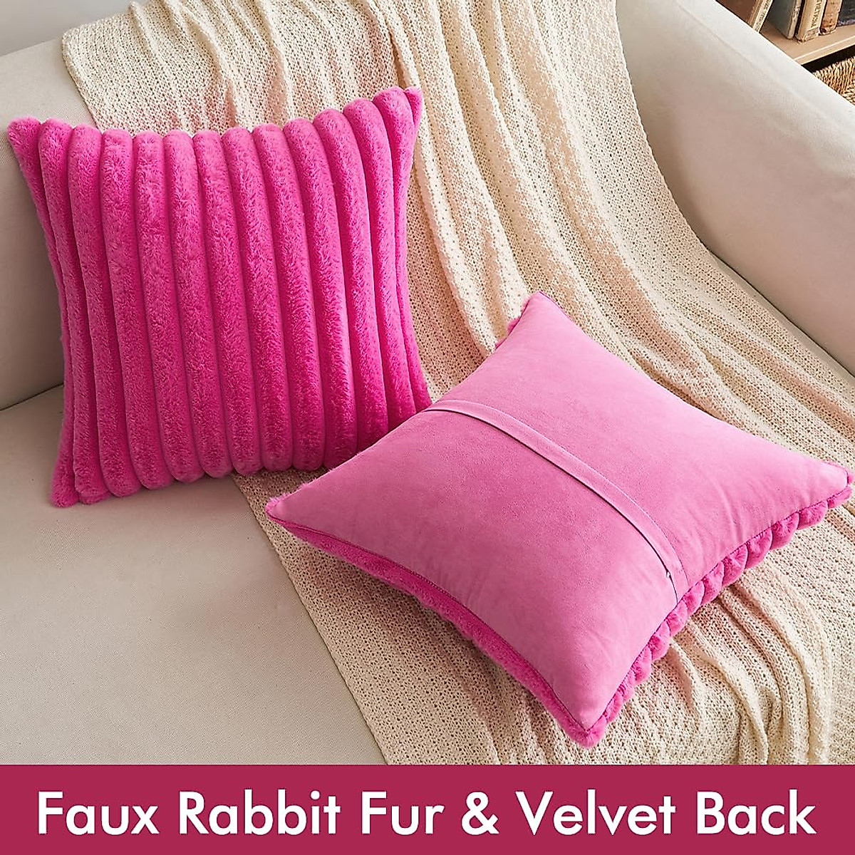 MIULEE Hot Pink Throw Pillow Covers 18x18 Inch Set of 2 Fuzzy Striped Soft Pillowcase with Velvet Back Faux Rabbit Fur Cushion Covers Decorative Home Decor for Couch Sofa Bedroom Livingroom