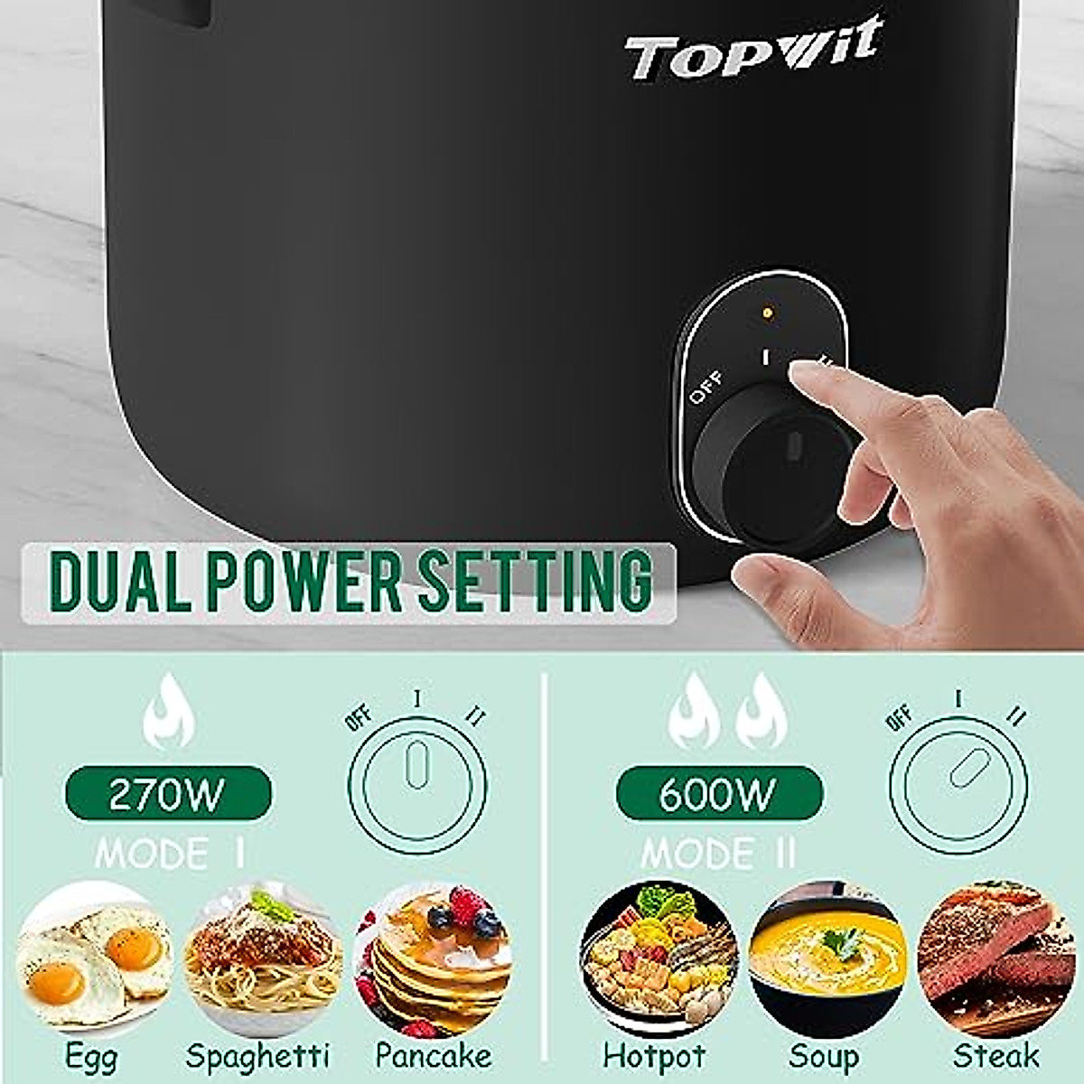 Topwit Electric Pot with Steamer, 1.5L Non-stick Ramen Cooker, Hot Pot Electric, Electric Pot for Cooking Pasta, Noodles, Steak, Egg, Portable Pot with Dual Power Control, Dorm Room Essentials, Black…