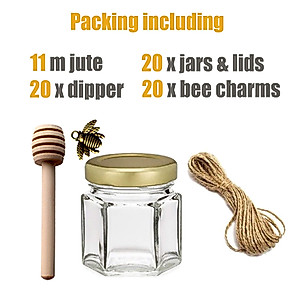 Adabocute 20 Pack Mini Honey Jars - Elegant Glass Honey Pot With Honey Dipper, Gold Lid, Bee Pendants and Jutes - Perfect For Baby Shower Favors, Wedding Favors
