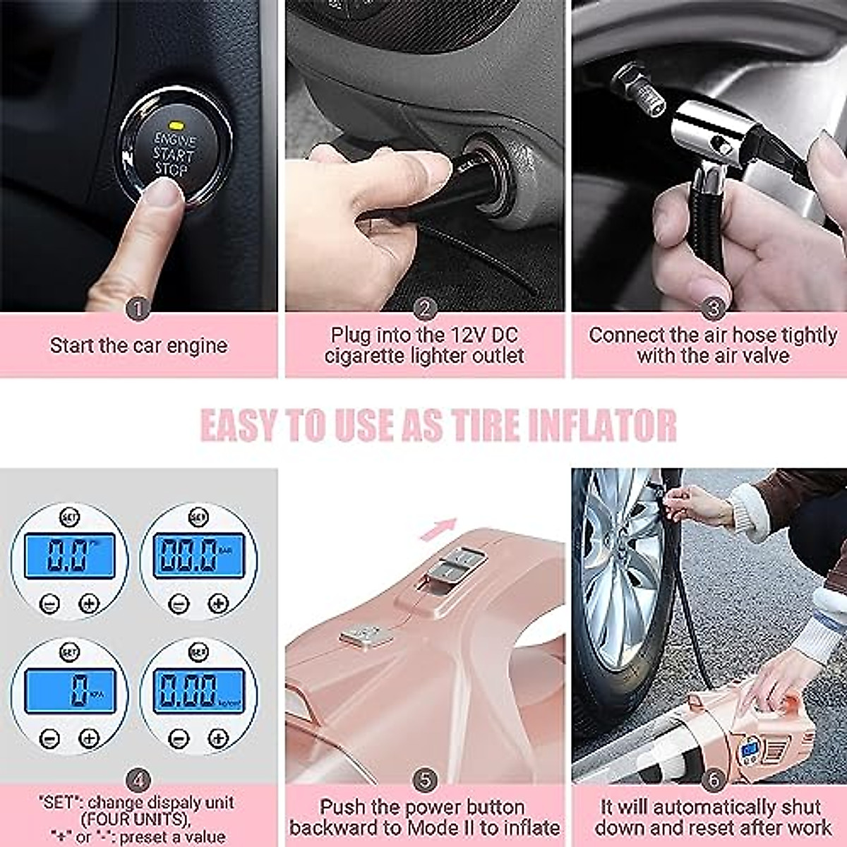 VARSK 4-in-1 Car Vacuum Cleaner High Power, Tire Inflator Portable Car Vacuum with Digital Tire Pressure Gauge LCD Display and Light, 12V DC, 15FT Cord, Pink Car Accessories for Women, Gifts for Her