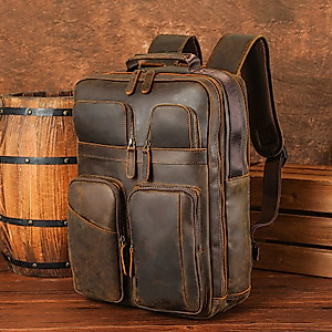 Polare 17.3 Inch Full Grain Leather Backpack for Men Multi Pockets Business Travel DayPack Rucksack
