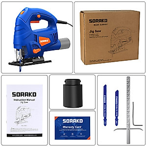 SORAKO Jigsaw, 5.0Amp Jig Saw Tool Corded Electric Power Cutter,800-3000 SPM Jig Saw, 6 Variable Speed, 0°-45° Bevel Cutting, 4 Orbital Sets, for Woodworking with 2PCS Blades & Scale Ruler