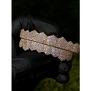 Shop-iGold 14k Gold Plated Iced Out Bling Gold Grillz for Mouth Top Bottom Hip Hop , 8 Teeth Grills for Teeth Mouth Set